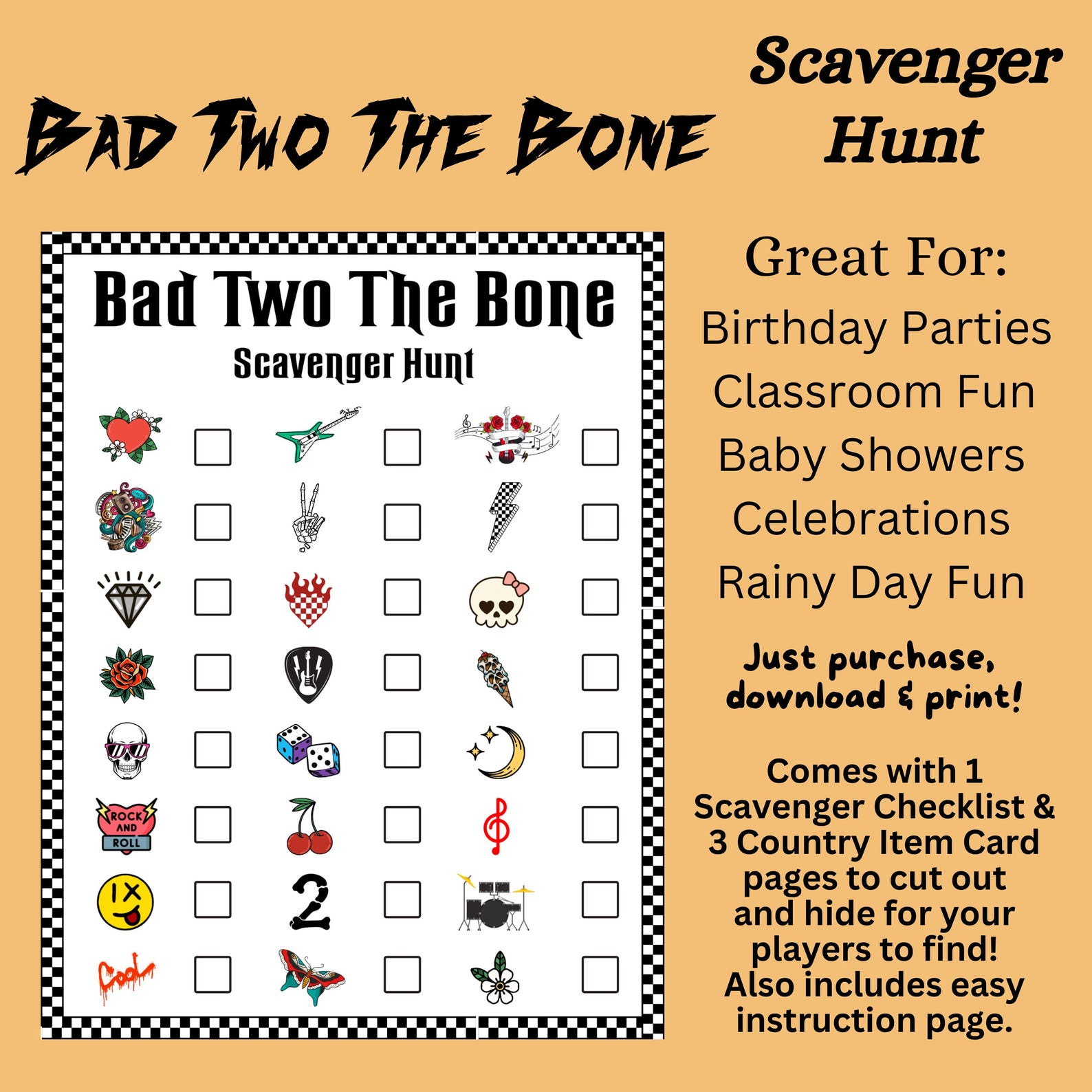 Bad Two the Bone Scavenger Hunt, Bad Two the Bone Party Game, Tattoo ...