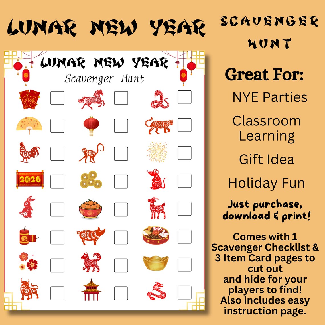 Lunar New Year Scavenger Hunt, Chinese New Year Treasure Hunt, Chinese ...