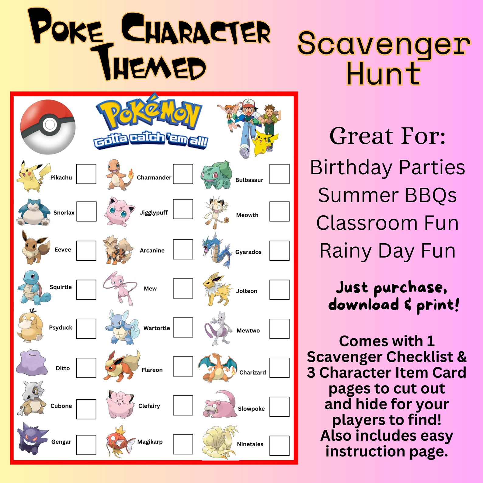 Gotta Catch Them All Scavenger Hunt, Poke Character Treasure Hunt, Poke ...