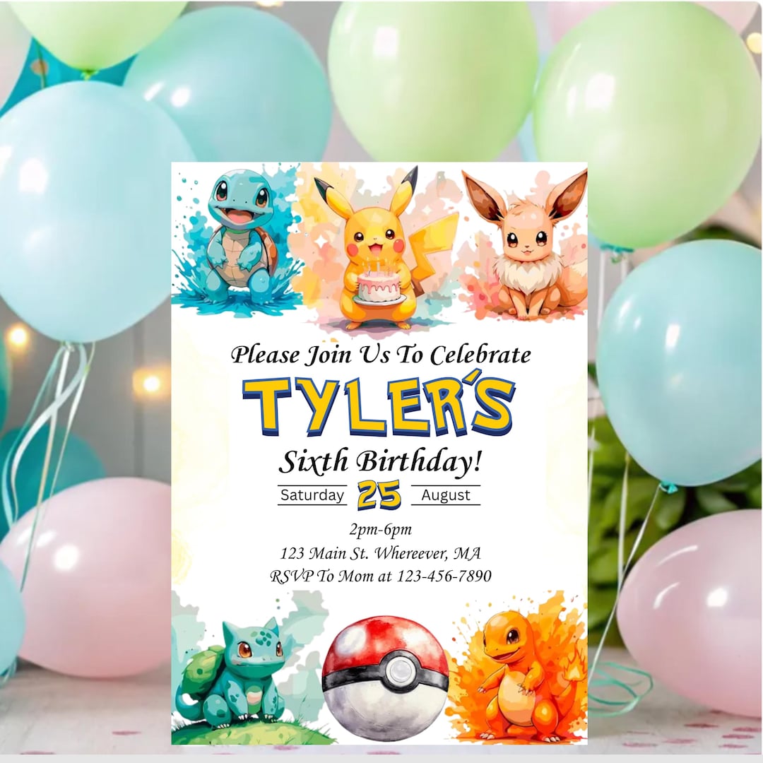 Editable Poke Birthday Invitation, Anime Party Template, Poke Animal ...