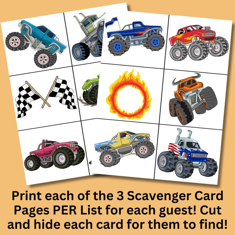 Monster Truck Scavenger Hunt Game: Printable Birthday Party Activity ...