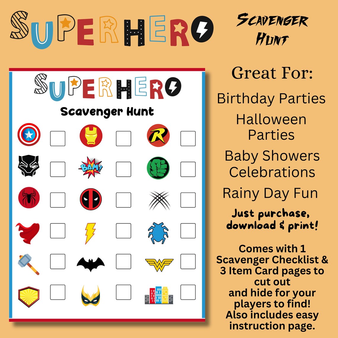 Superhero Scavenger Hunt, Superhero Game, Superhero Birthday, Superhero ...