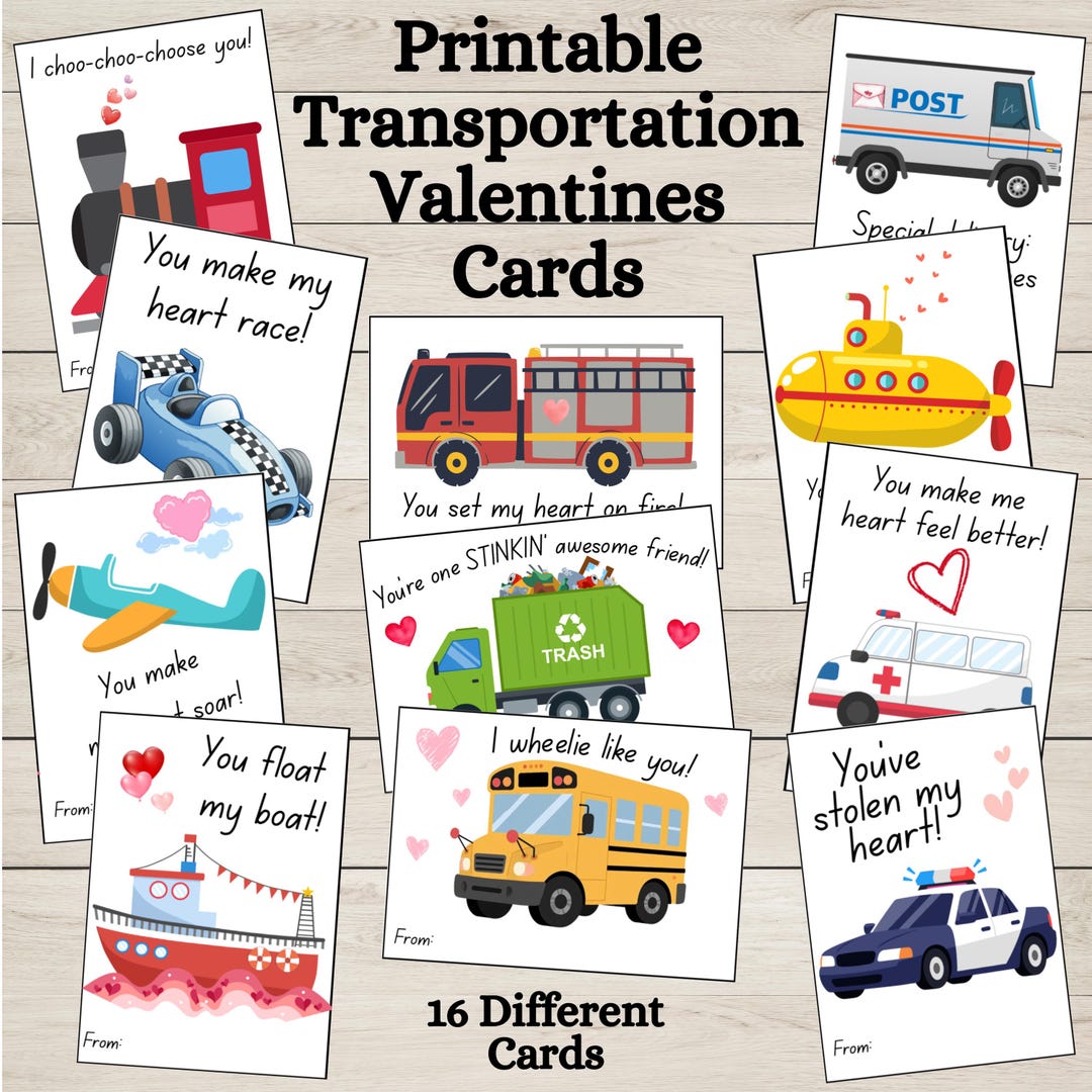 Printable Kids Vehicle Valentines Day Cards, Transportation Valentines ...