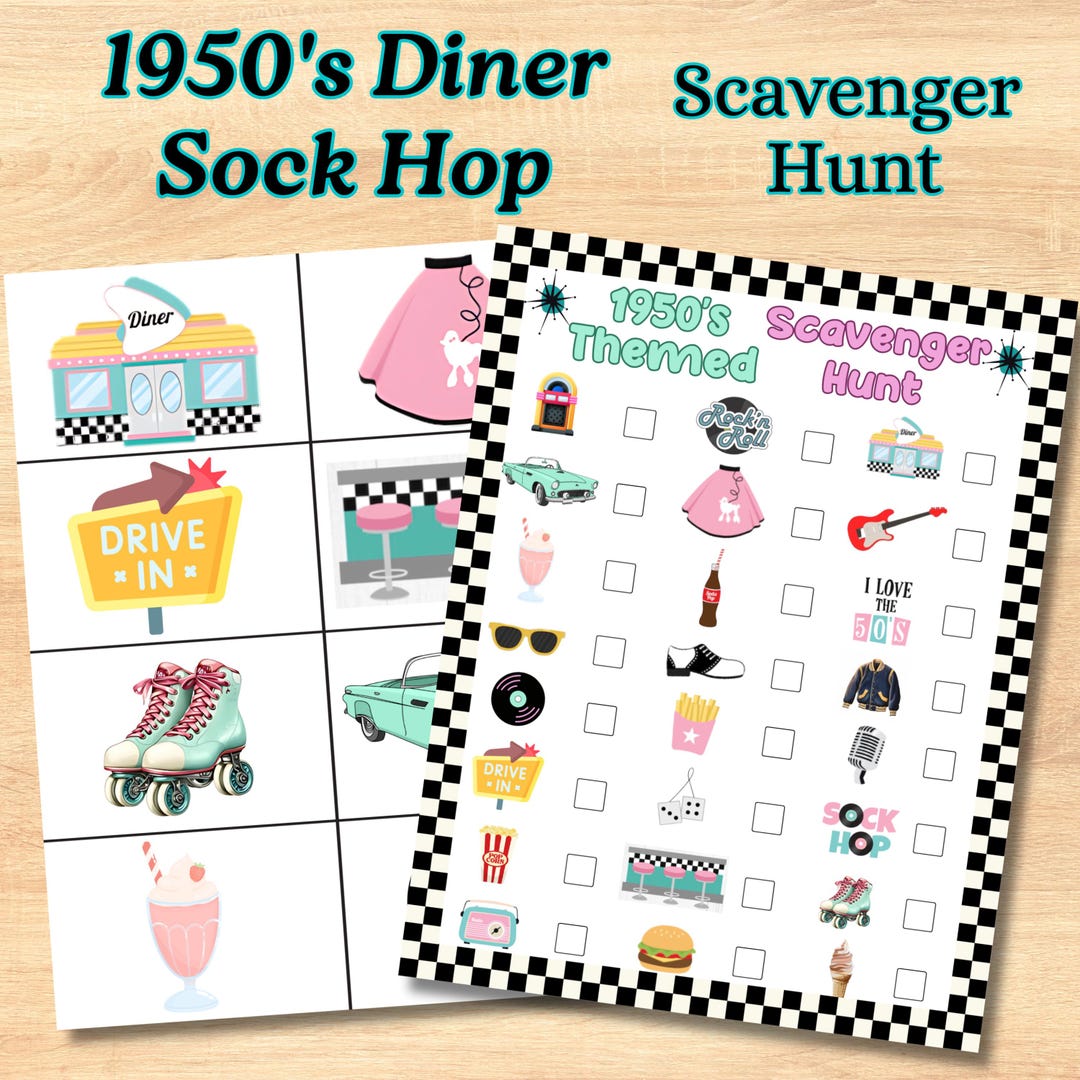 50's Scavenger Hunt, 1950's Party Game, 1950's Diner Sock Hop Themed ...