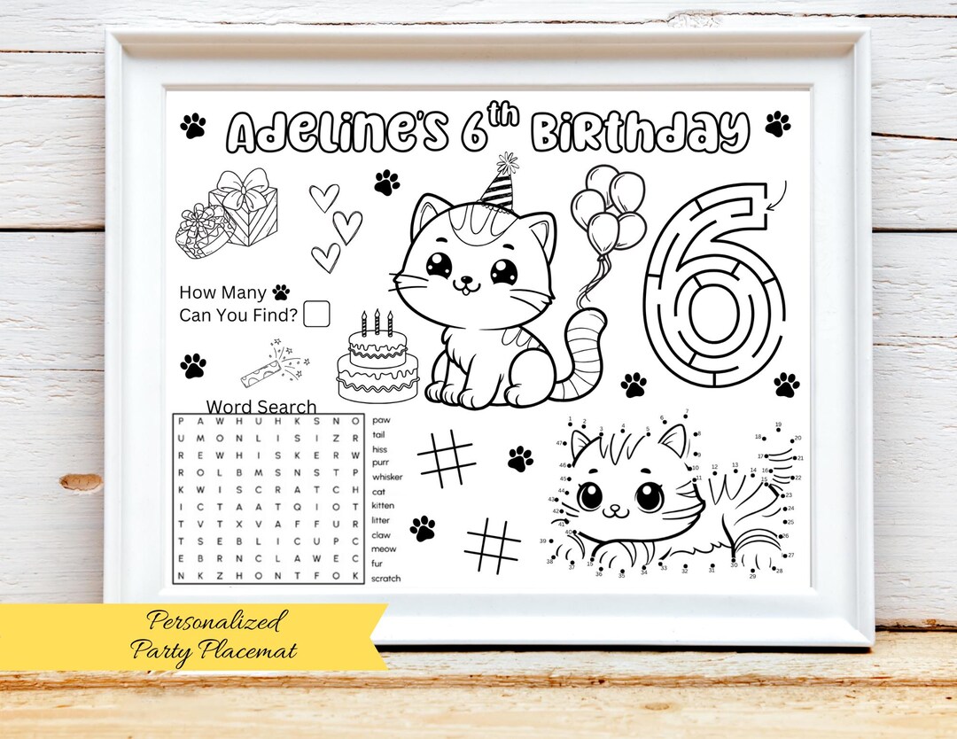 Personalized Kitty Cat Birthday Activity Placemat: Kitten Coloring Page ...