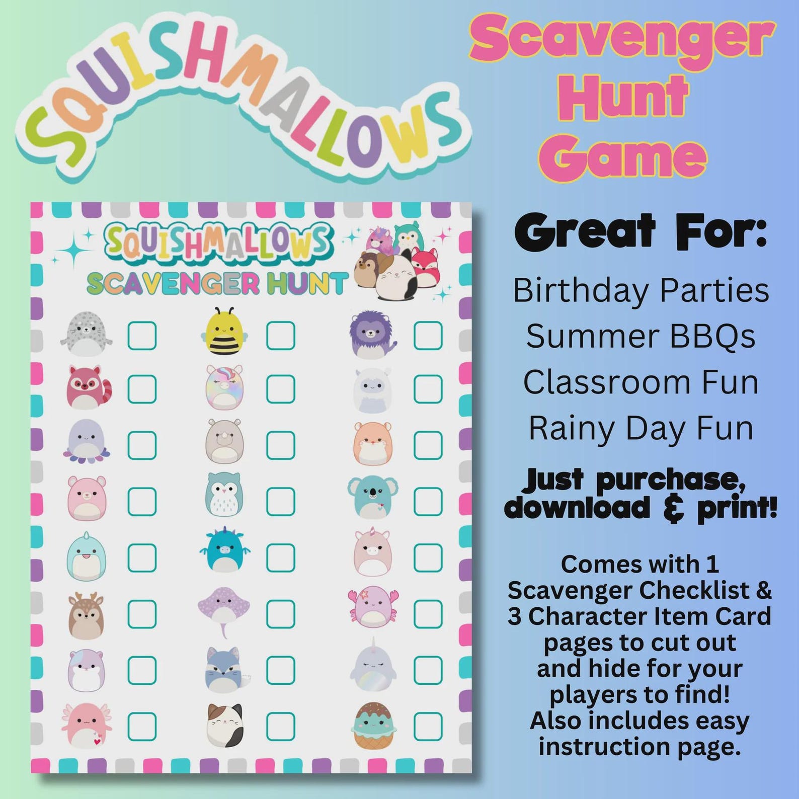 Squish Scavenger Hunt, Kids Printable Plush Toy Indoor/outdoor ...