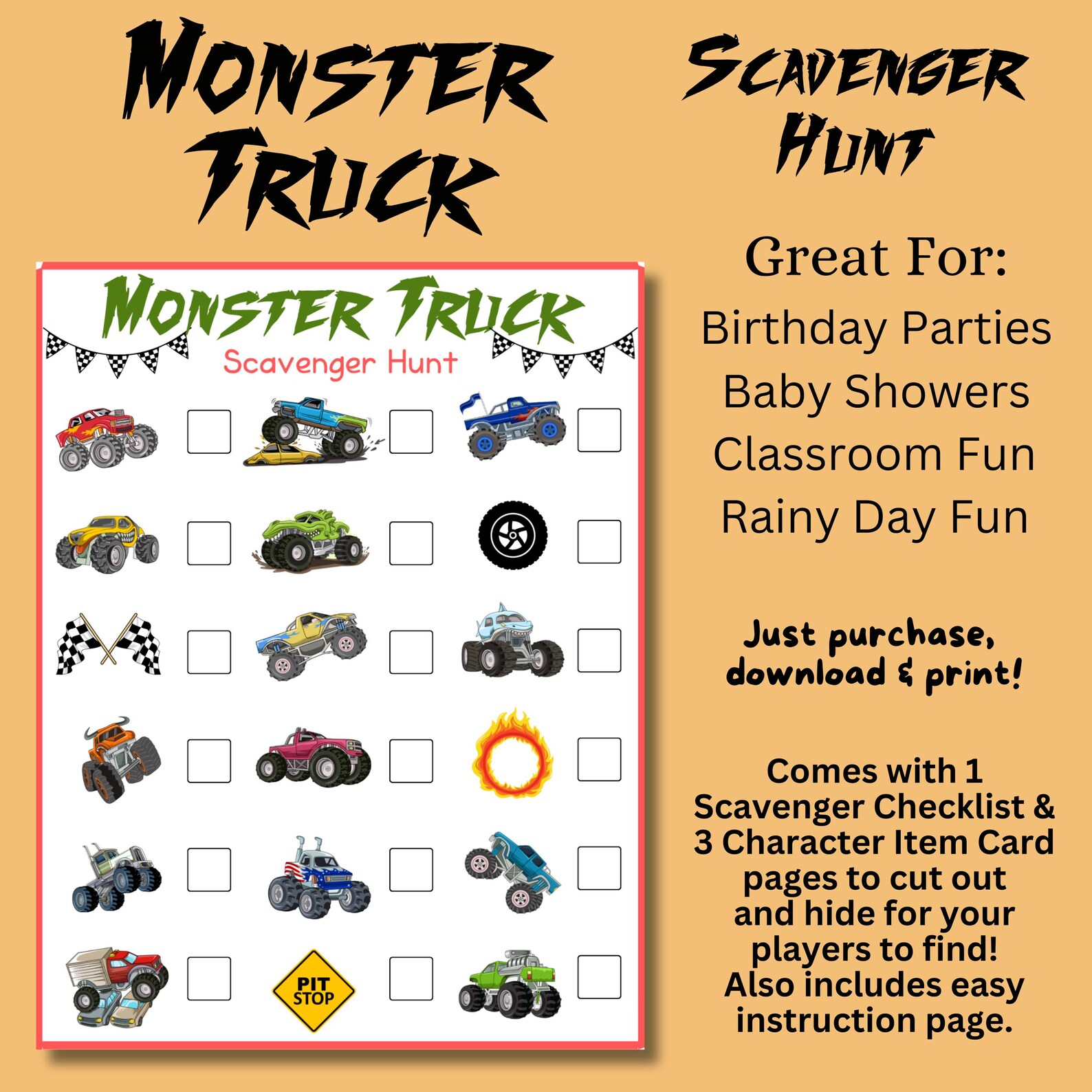 Monster Truck Scavenger Hunt Game: Printable Birthday Party Activity ...