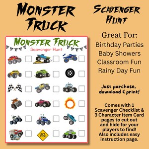 Monster Truck Scavenger Hunt Game: Printable Birthday Party Activity ...