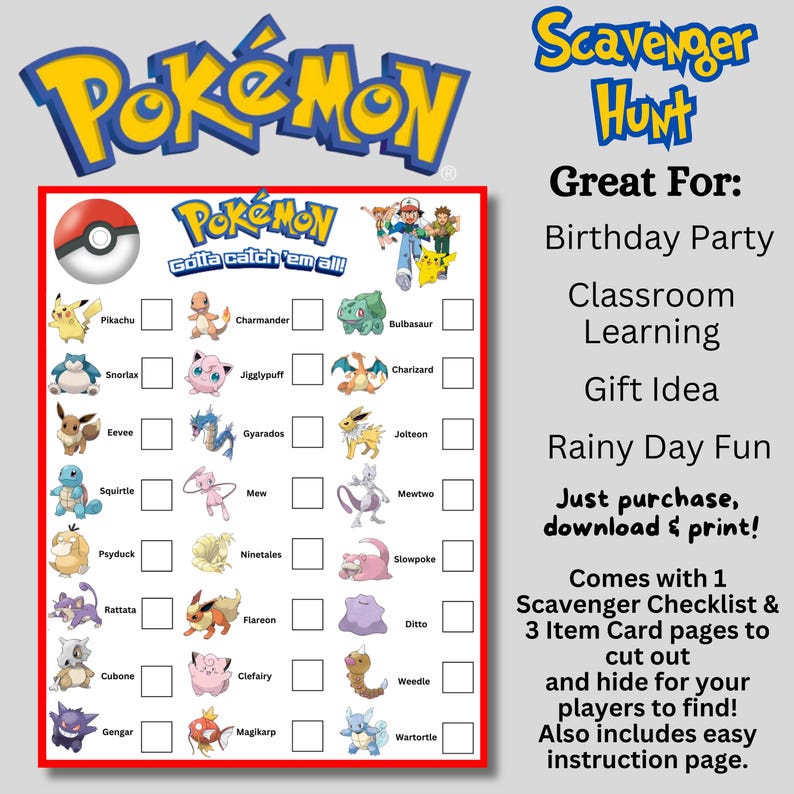 Gotta Catch Them All Scavenger Hunt, Poke Character Treasure Hunt, Poke ...