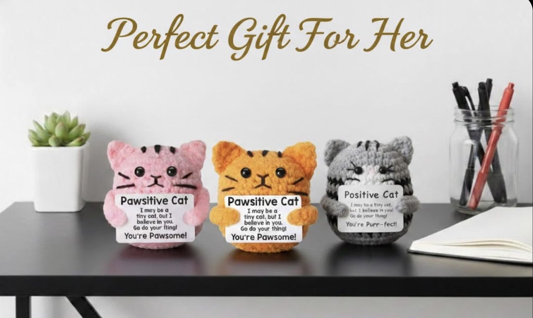 Handmade Crochet Positive Cat Plush - Emotional Support Desk Pet ...