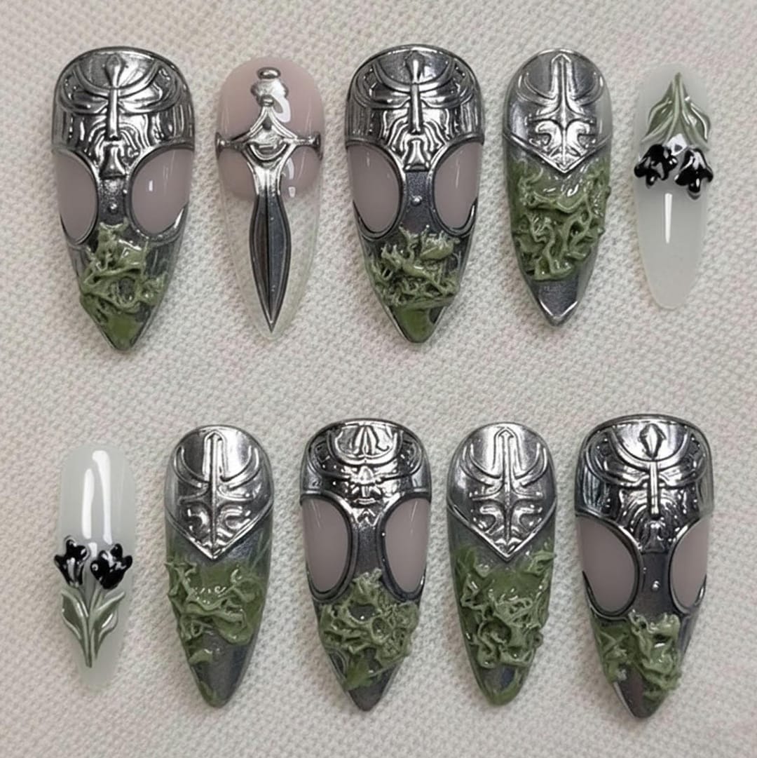 Medieval Armor Press on Nails, Knight Shield Sword Gothic Green 3D Long ...