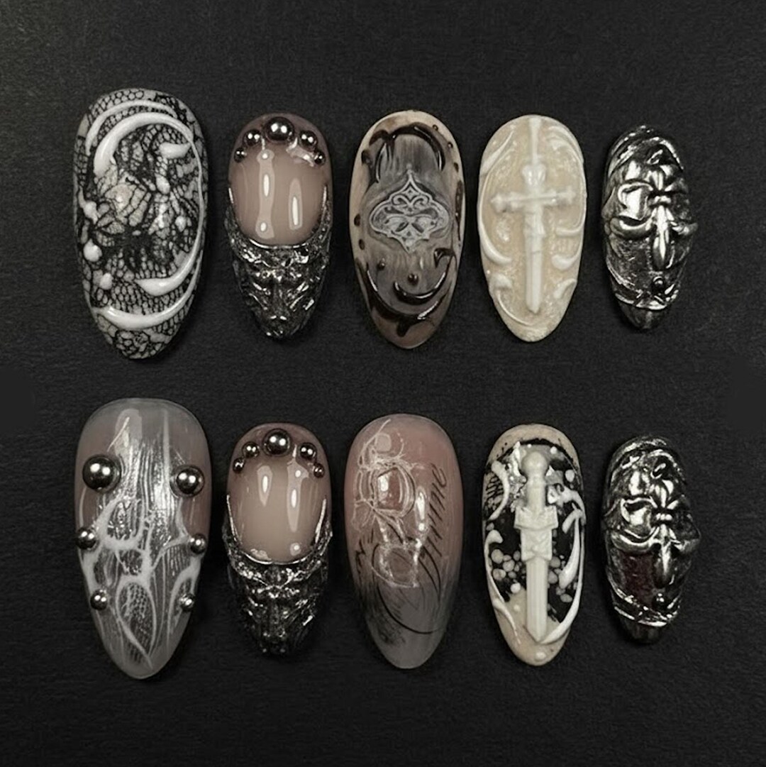 Handmade Gothic Armor Press on Nails | 3D Swords, Metal Charms & Lace ...
