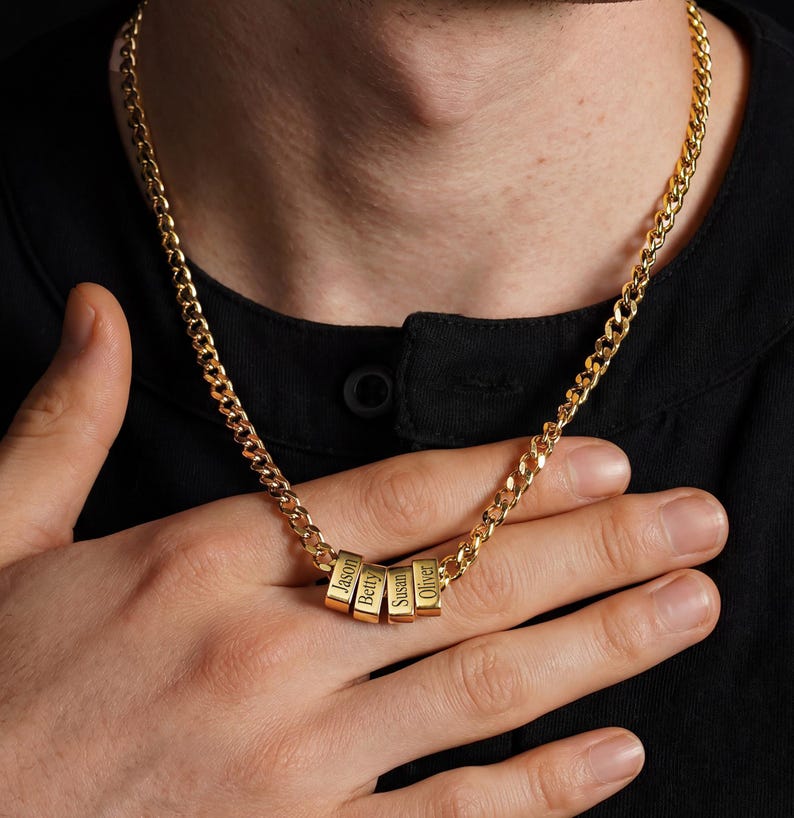 Personalized Mens Necklace With Family Name, Engraved Bead Chain ...