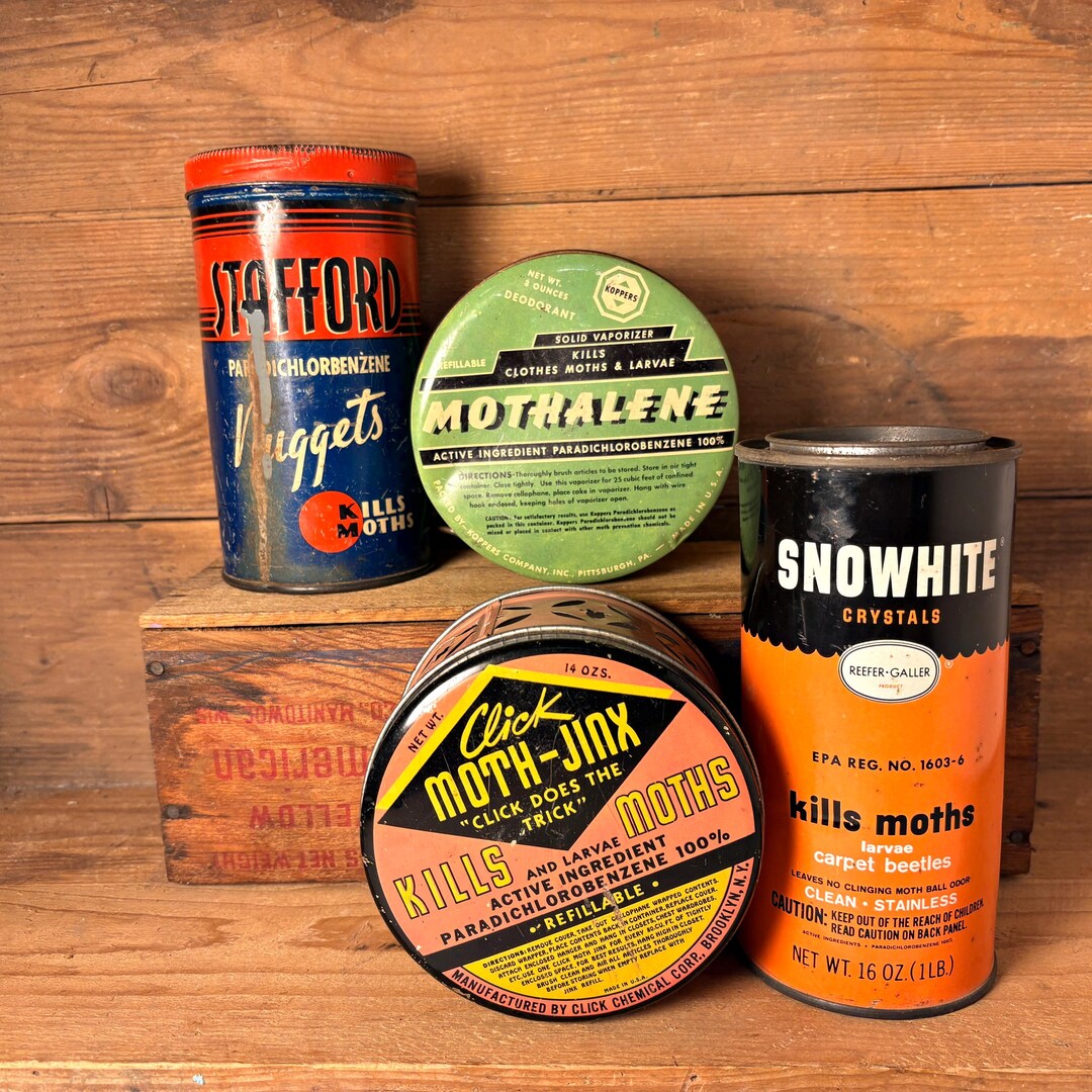 Vintage Mothball Tins • Stafford Mothaline , Click Moth Jinx, Snowhite ...