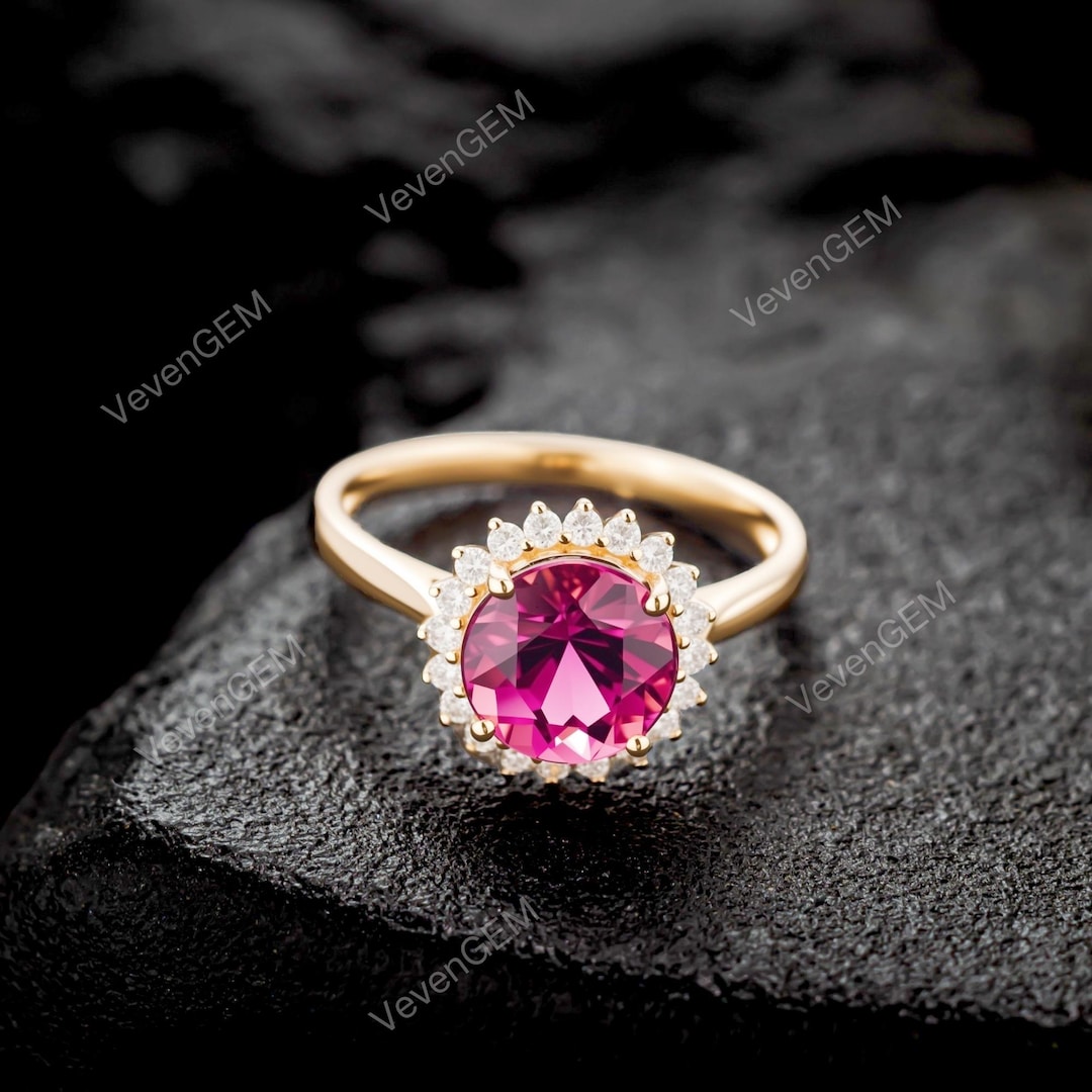 Natural Pink Tourmaline Engagement Ring, Diamond Halo Wedding Ring ...