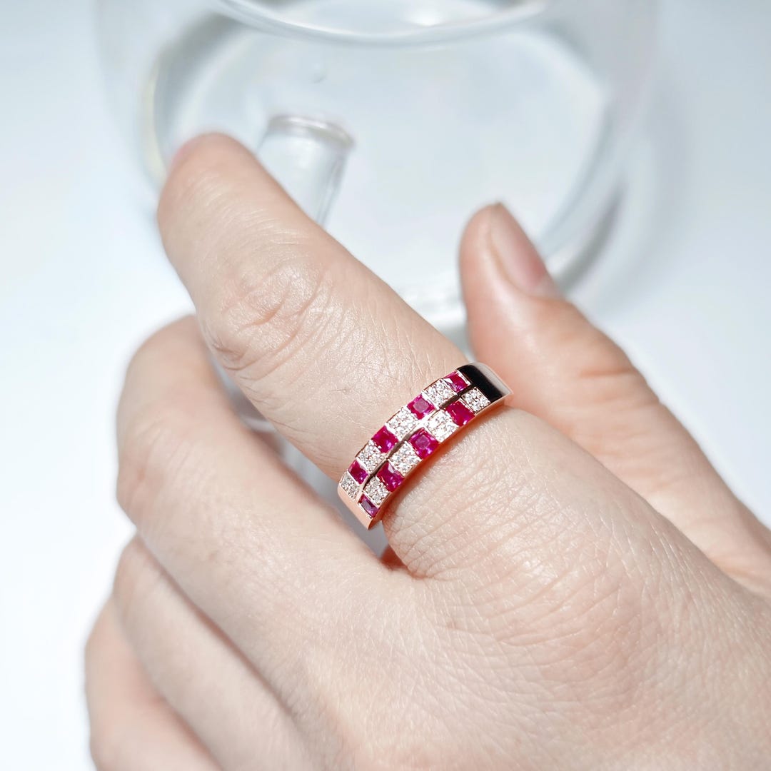 Square Cut Lab Grown Ruby and Diamond Mosaic Band Ring, 10K/14K/18K ...