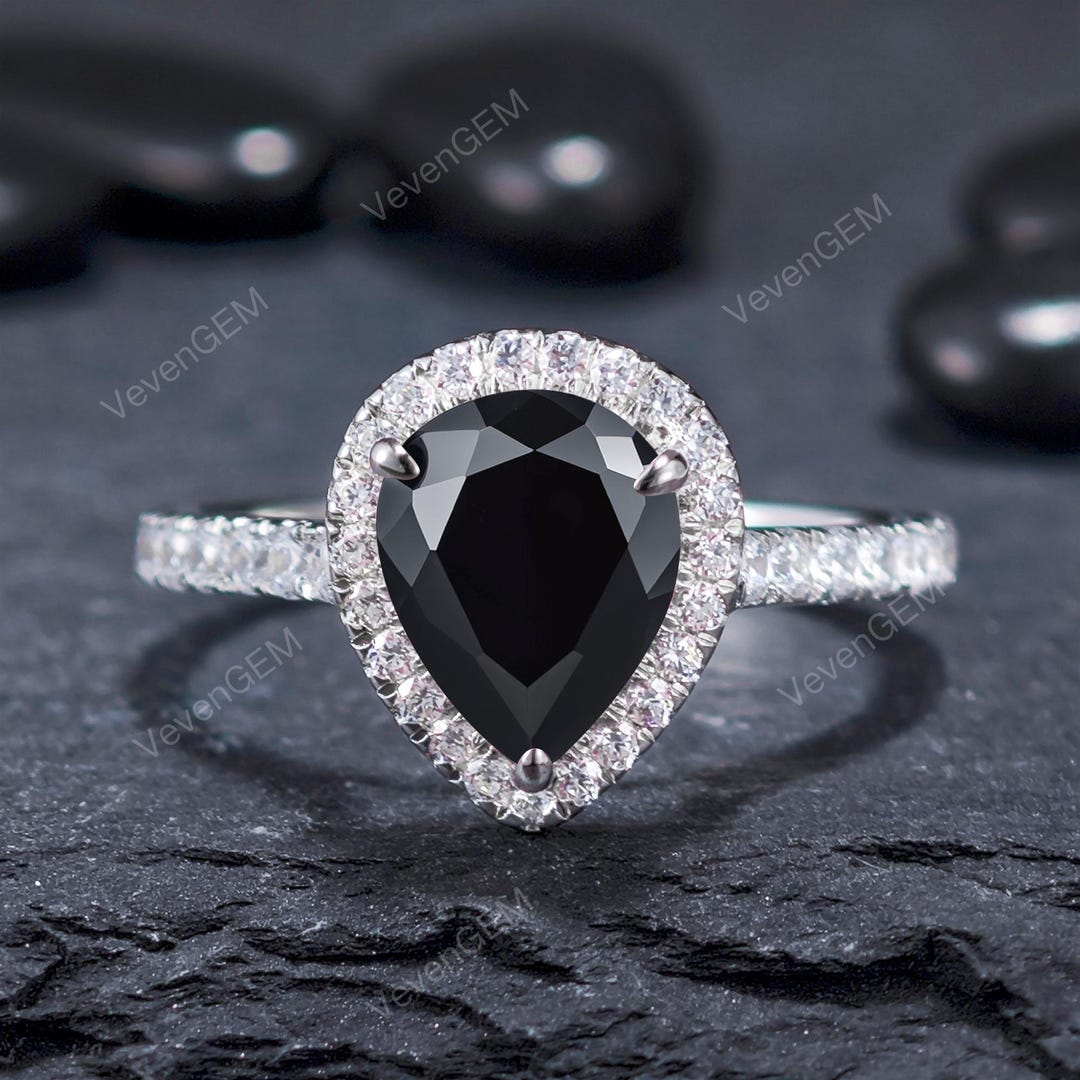 Pear Cut Black Onyx Engagement Ring in 14K Solid Gold With Moissanite ...