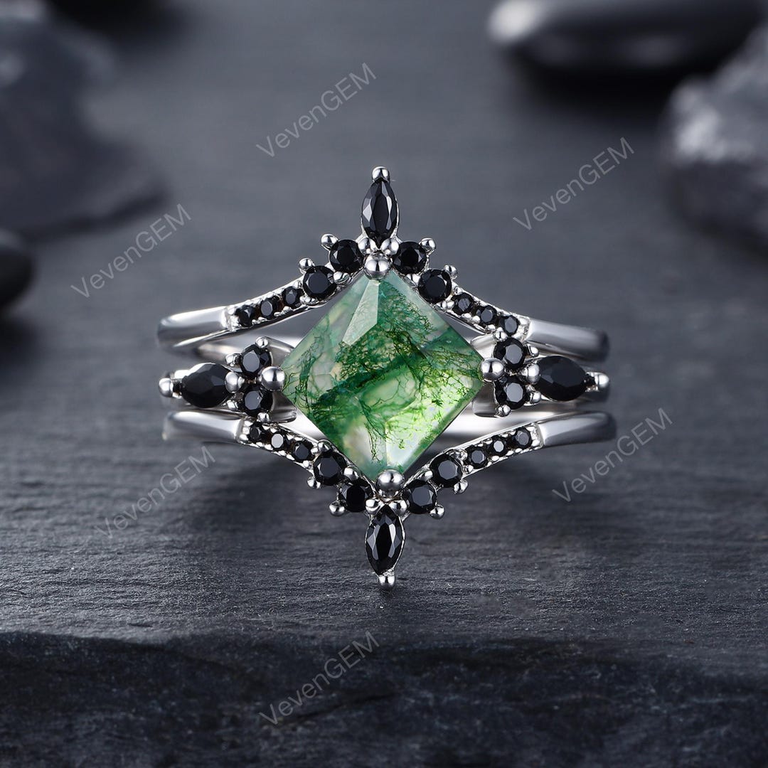 10K Solid Gold Princess Cut Moss Agate Engagement Ring, Art Deco ...