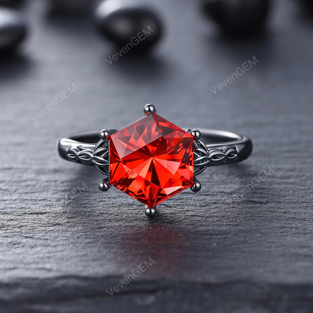 Hexagon Cut Lab Ruby Engagement Ring in 10K Solid Gold, Vintage Art ...