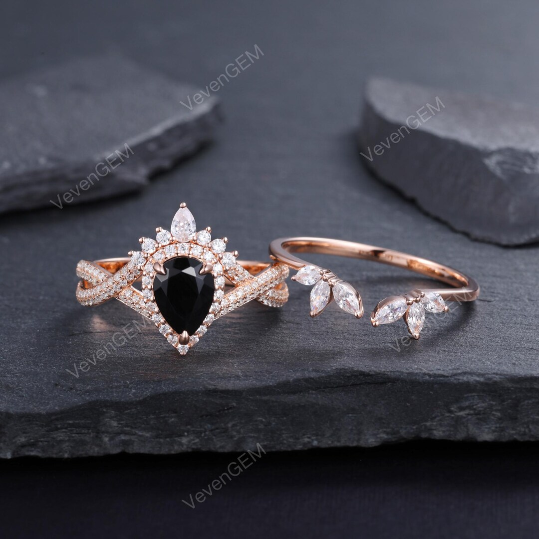 Pear Shaped Black Onyx Engagement Ring Set, 14K Solid Rose Gold Vintage ...