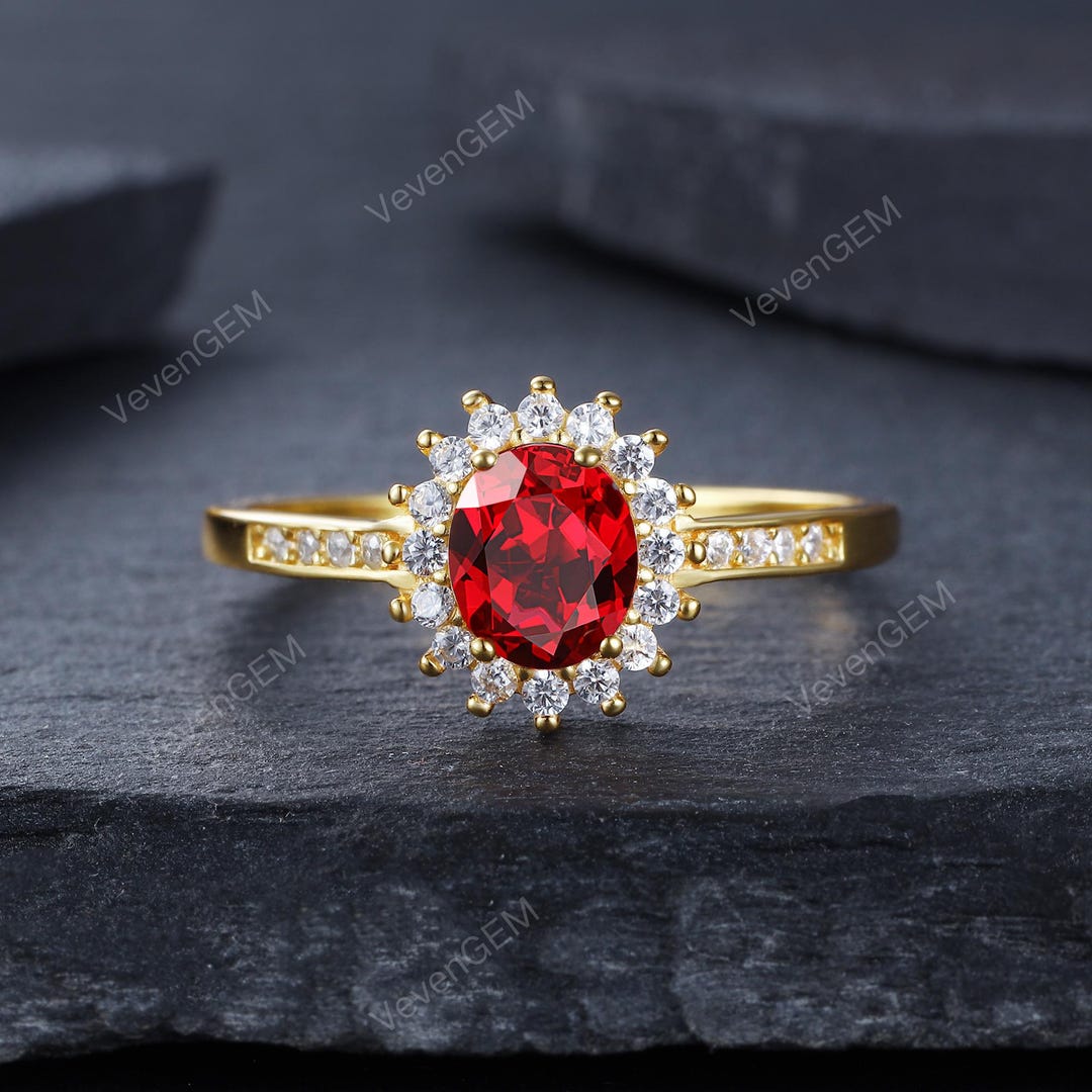 Oval Ruby Engagement Ring, Halo Design With Lab Diamond Accents, 14K ...