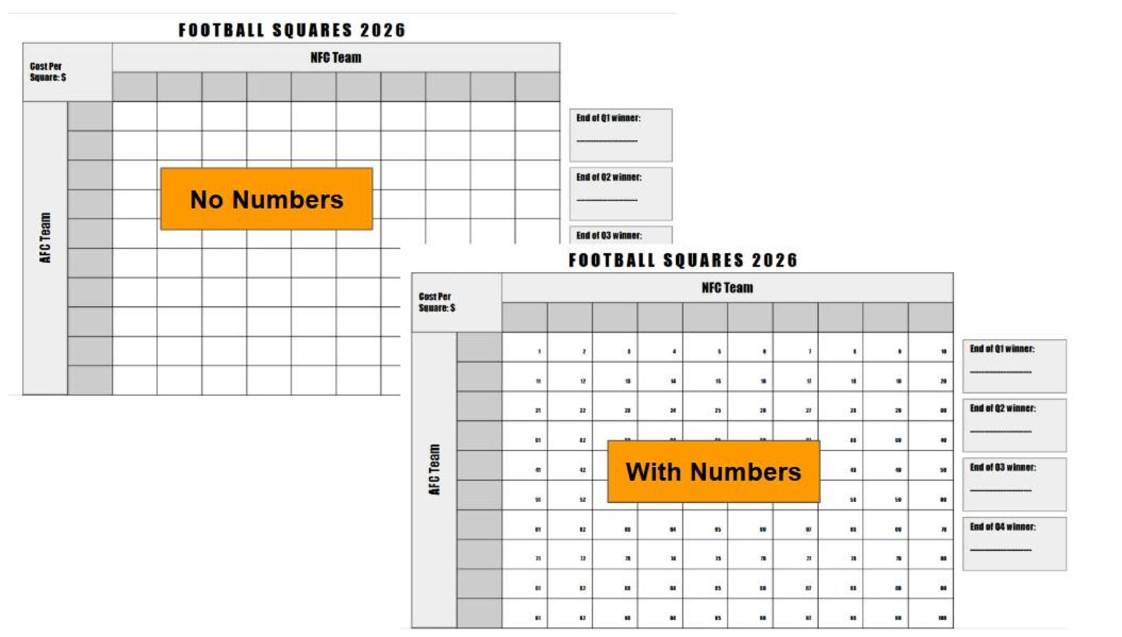 Super Squares Printable, Football Squares Printable, 100 Square ...