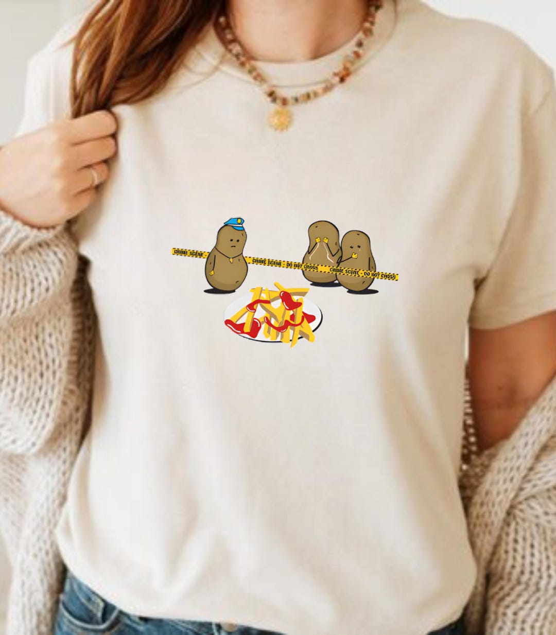 Funny Potato Crime Scene Shirt, Fries Murder Parody Tee, Cute Food Pun ...