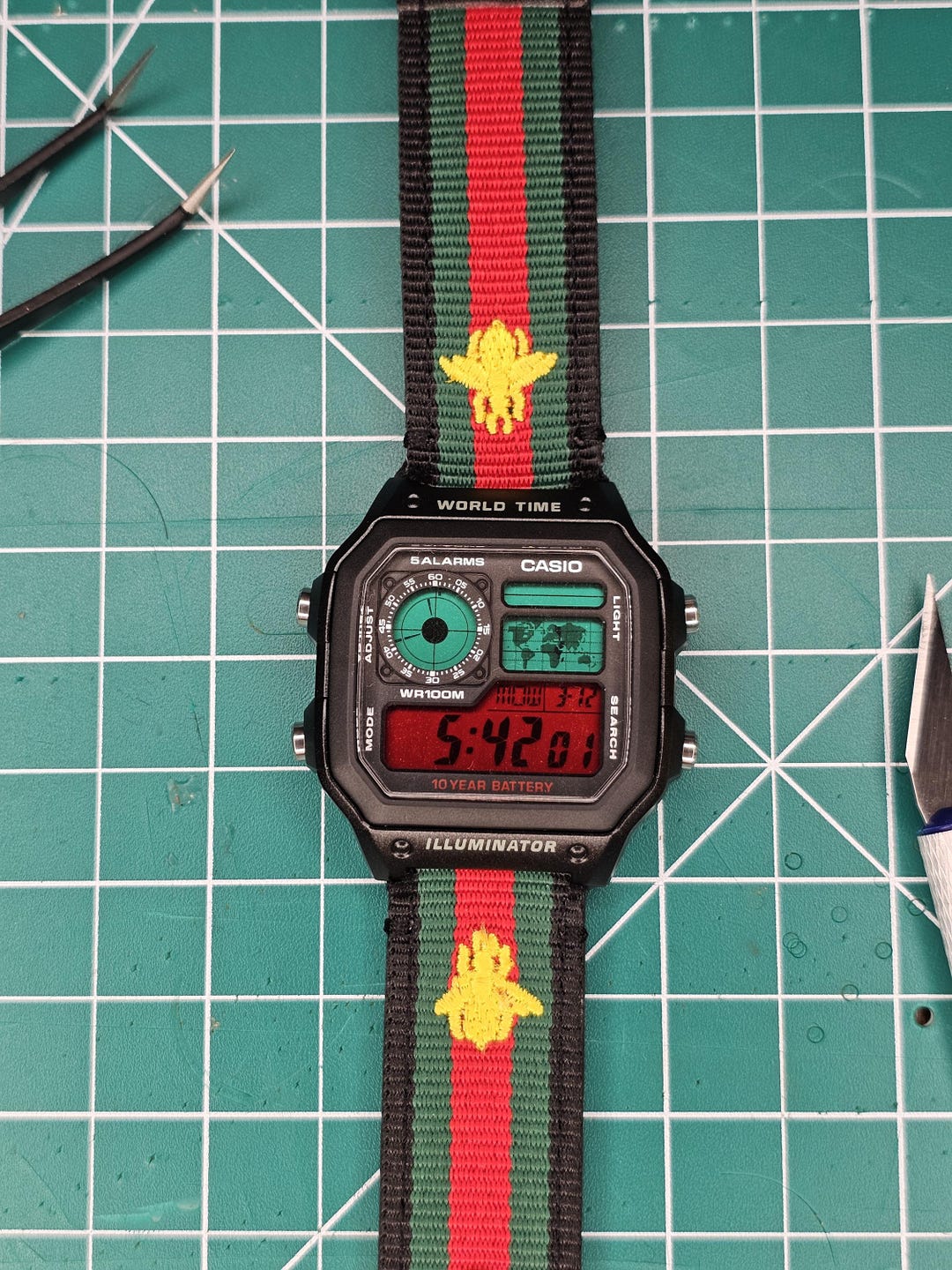 Custom Casio AE1200WH Watch: Green & Red Screen Mod, Brand New - Etsy