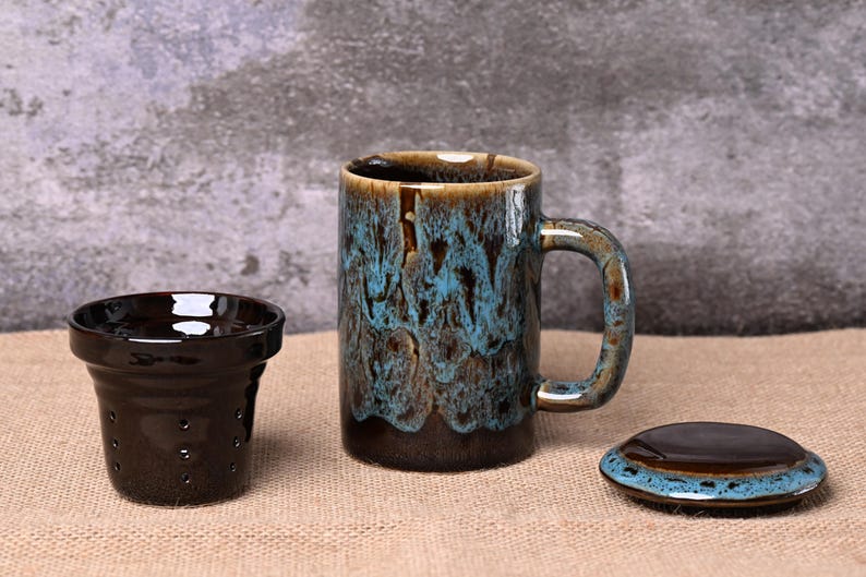 Coral Blue Glaze Ceramic Tea Infuser Mug With Lid & Strainer Handmade ...