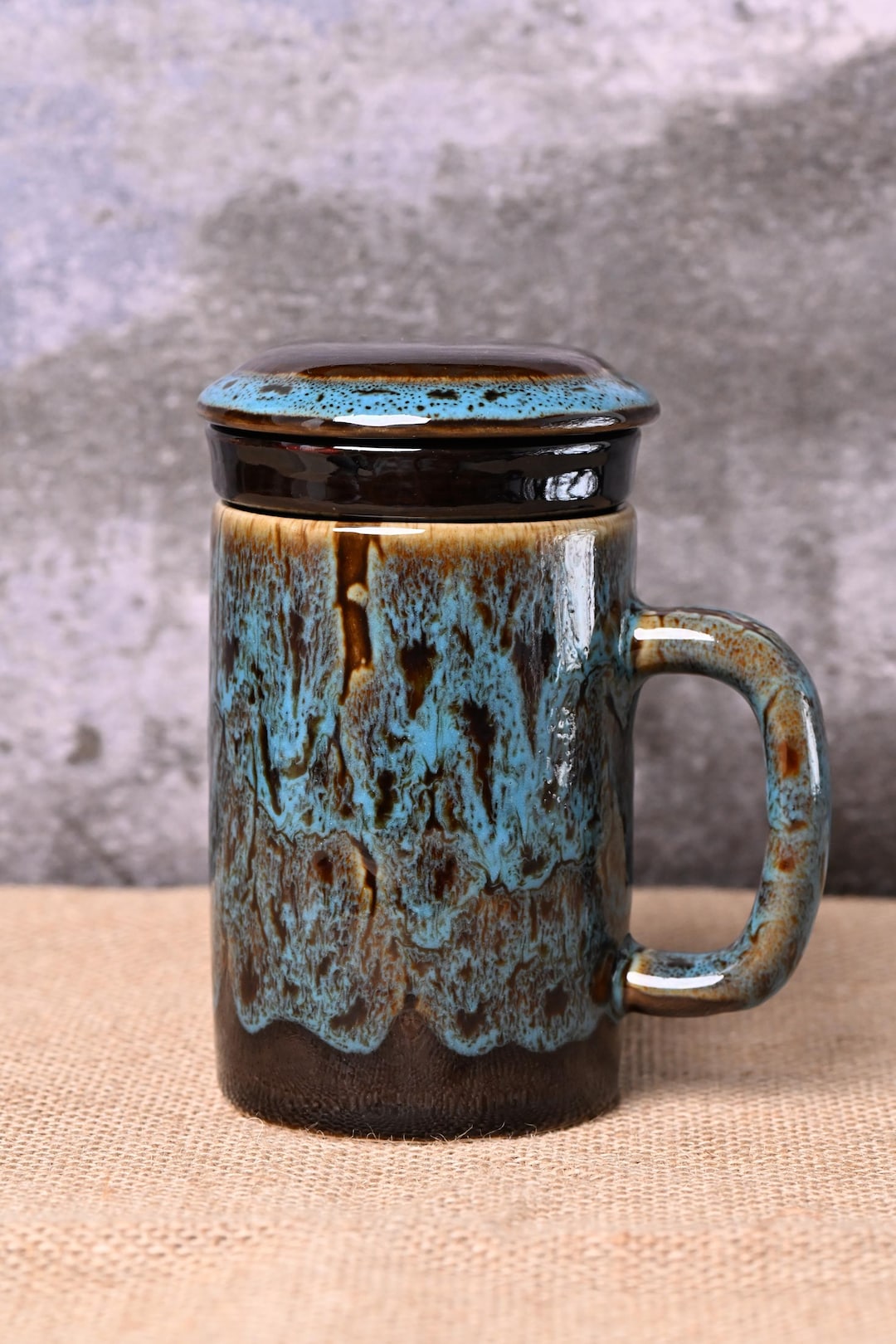Coral Blue Glaze Ceramic Tea Infuser Mug With Lid & Strainer Handmade ...