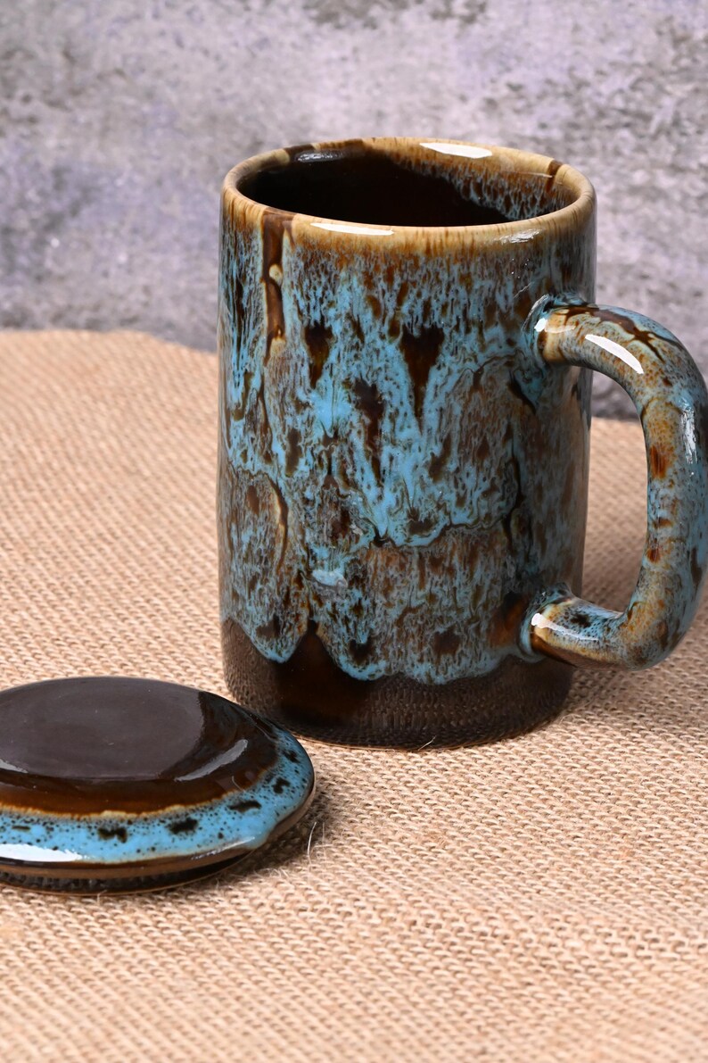 Coral Blue Glaze Ceramic Tea Infuser Mug With Lid & Strainer Handmade ...