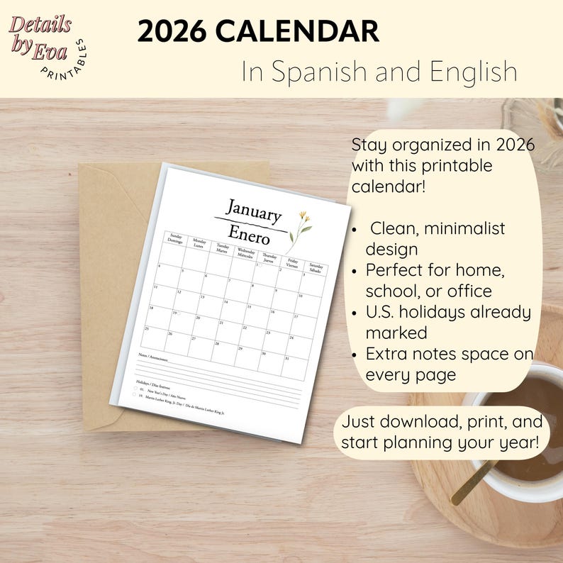 2026 Bilingual Floral Calendar: English & Spanish, Vertical Layout (PDF ...