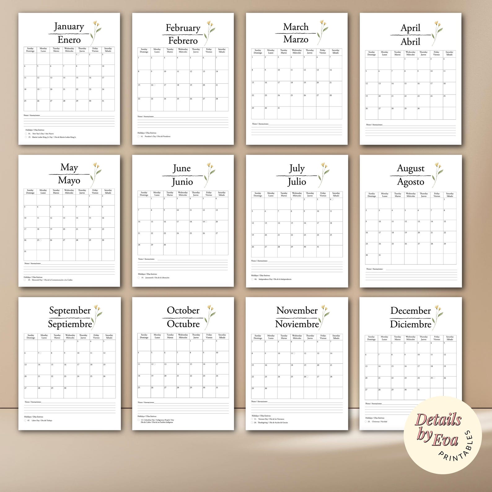 2026 Bilingual Floral Calendar: English & Spanish, Vertical Layout (PDF ...