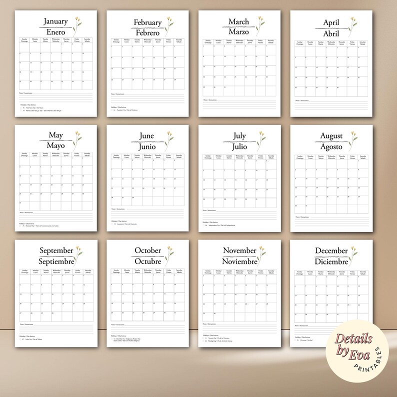 2026 Bilingual Floral Calendar: English & Spanish, Vertical Layout (PDF ...