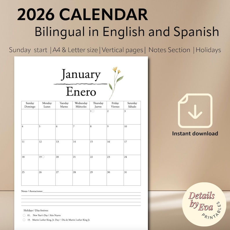 2026 Bilingual Floral Calendar: English & Spanish, Vertical Layout (PDF ...