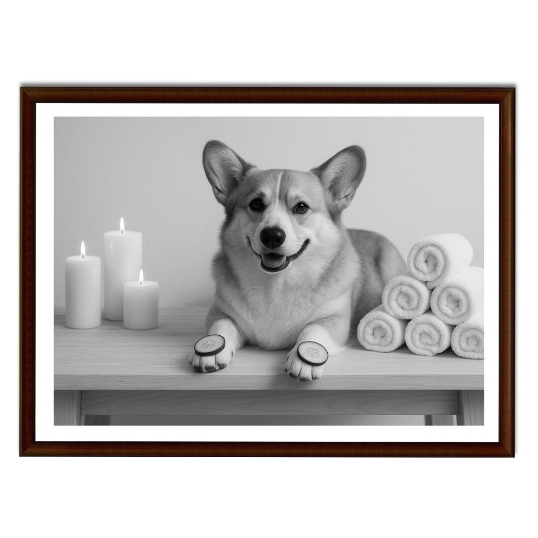 Funny Corgi Spa Day Art Print: Black & White Bathroom Decor (digital ...