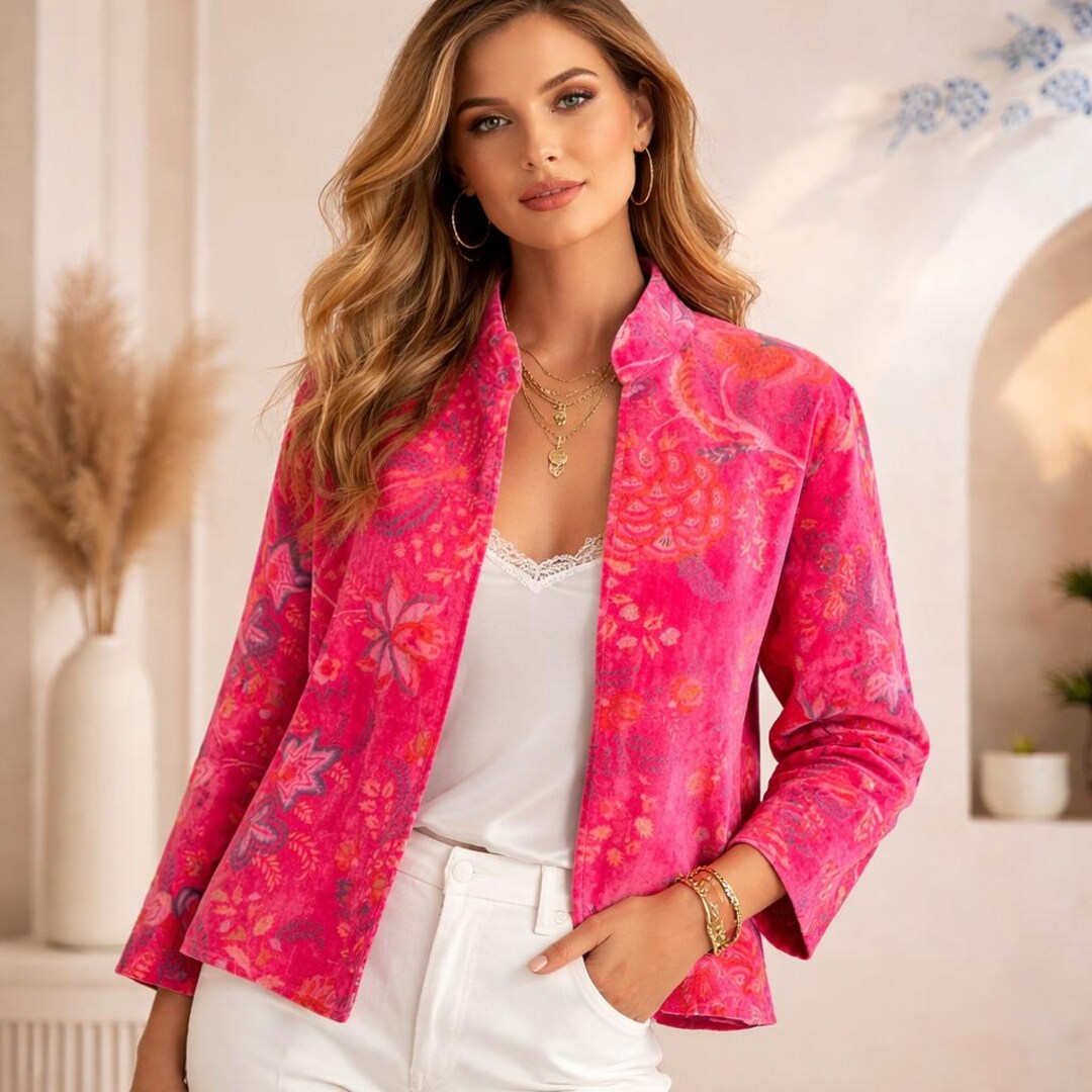 Pink Floral Velvet Overcoat - Boho Artisan Jacket, One Size - Etsy