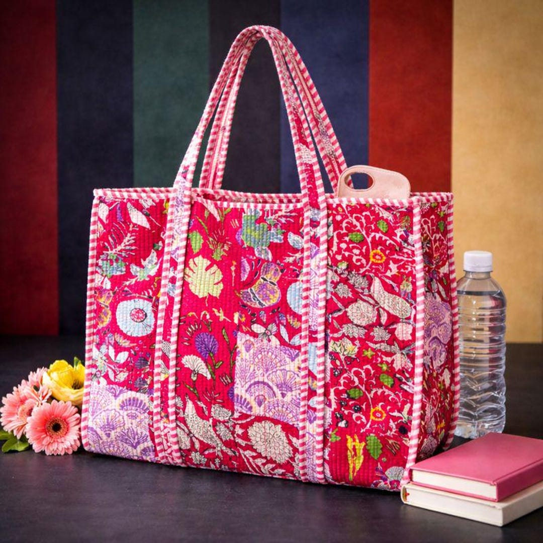 Handmade Quilted Patchwork Cotton Tote Bag: Floral Handprinted Shopper ...