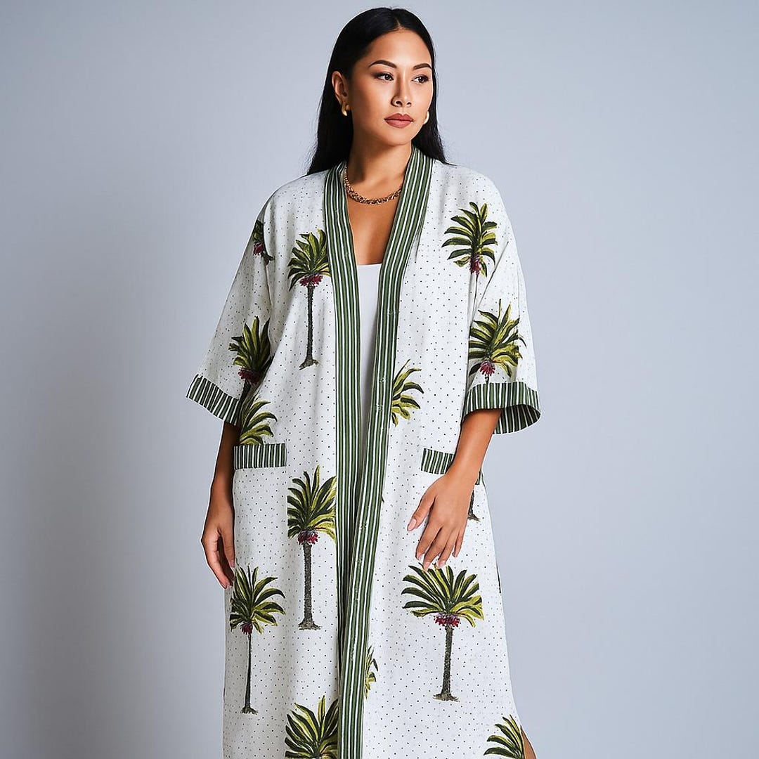 Palm Tree Print Cotton Kimono Robe: Boho Beach Cover-up - Etsy