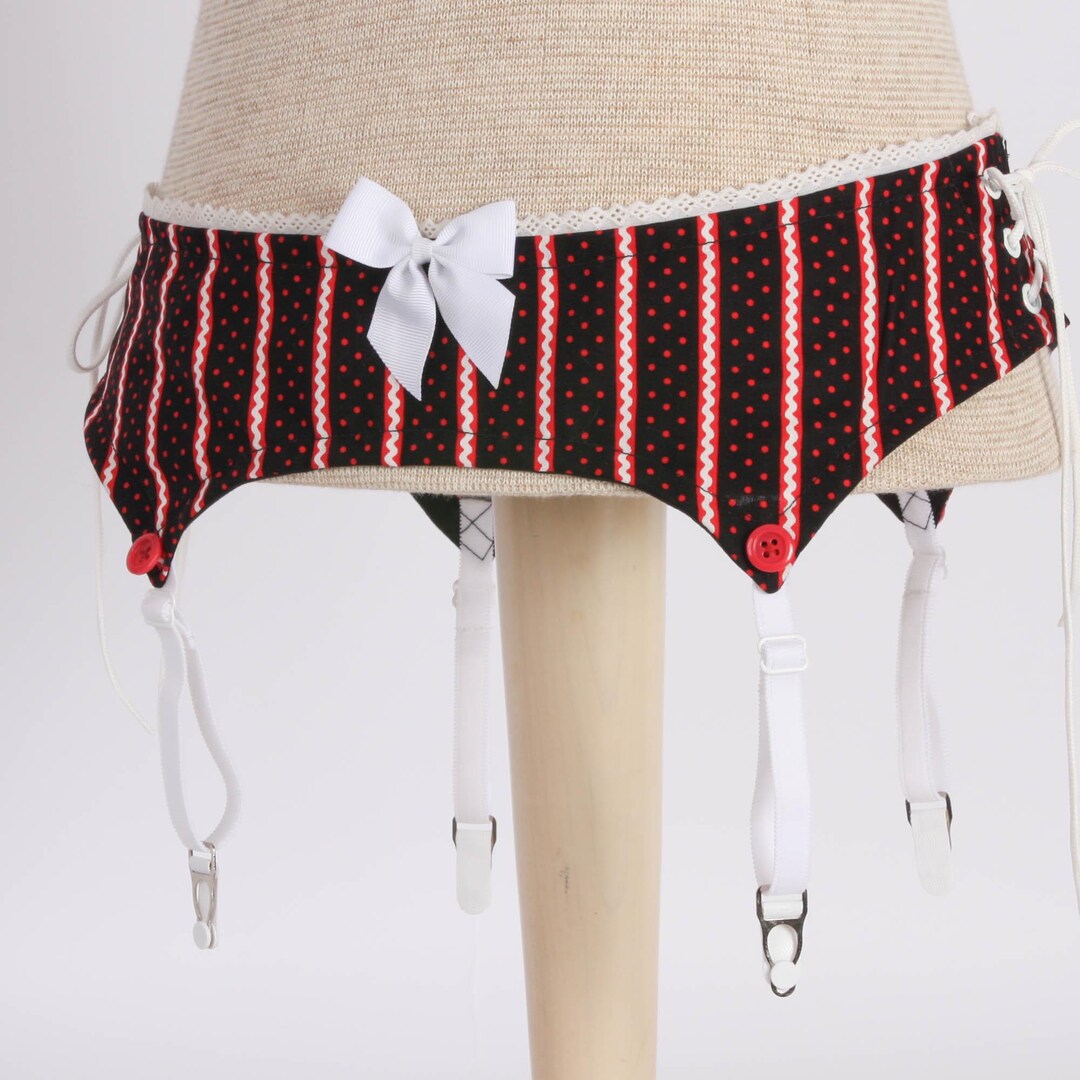 Side Lacing Adjustable Garter Belt in Cute Red, White and Black Stripes ...