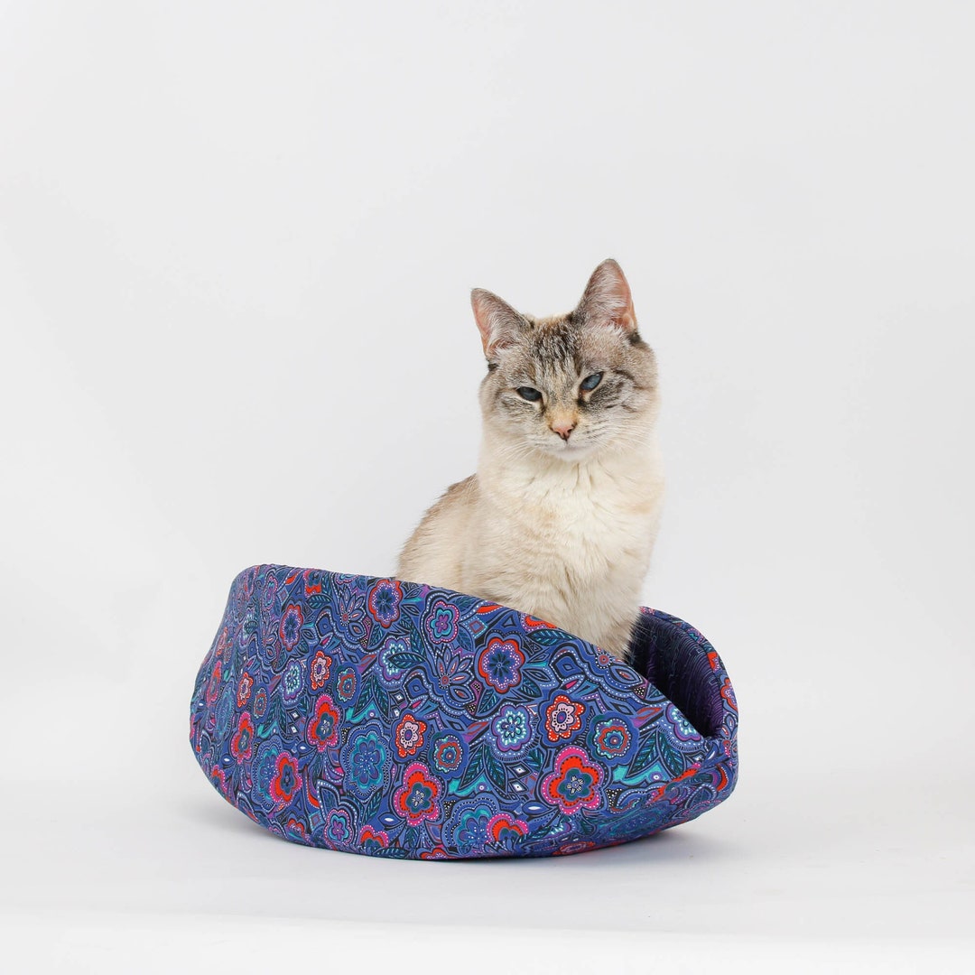 Cat Canoe in Bright Blue and Jewel Tone Flowers A Taco Shaped Pet Bed ...