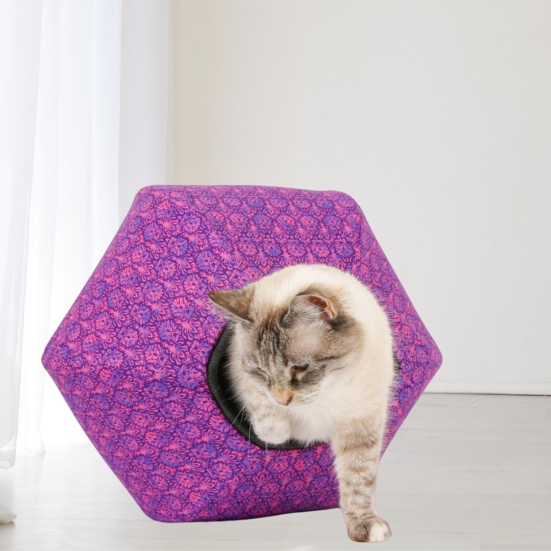 Cave Style Kitty Bed With Two Openings in Purple Pink Foulard Cotton ...