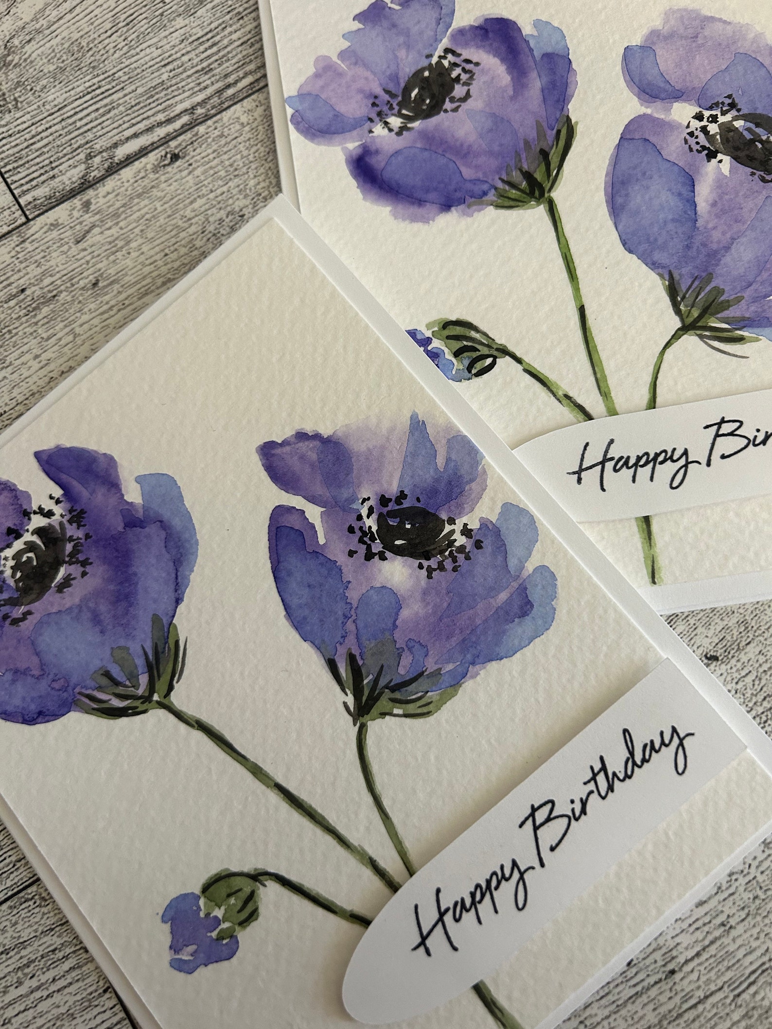 Happy Birthday Set of 2, Hand Painted Flowers, Watercolor, Purple ...