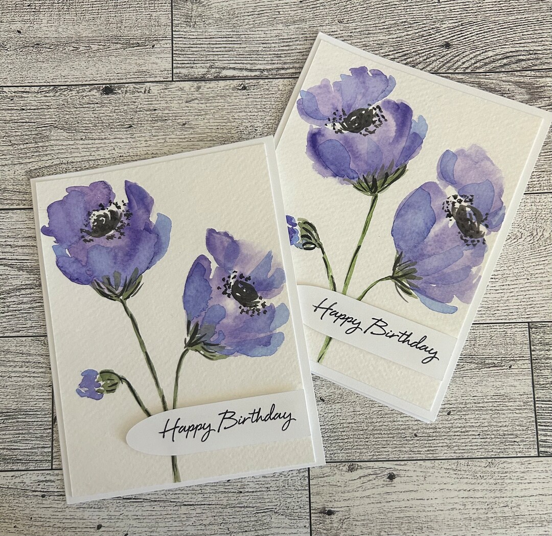 Happy Birthday Set of 2, Hand Painted Flowers, Watercolor, Purple ...