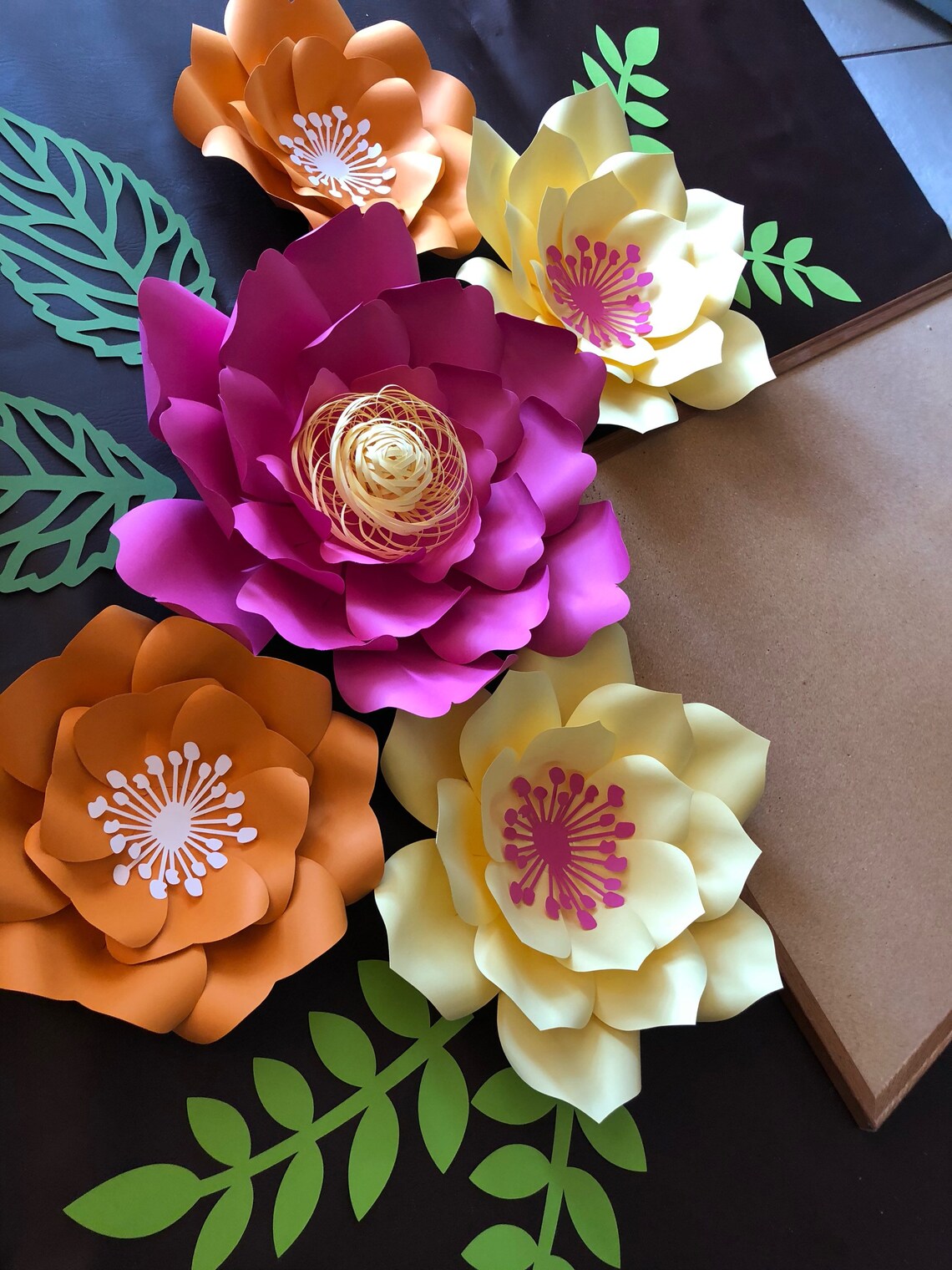 Paper Flower Set of 5 With Leaves, Handmade, Giant Flowers, Wedding ...