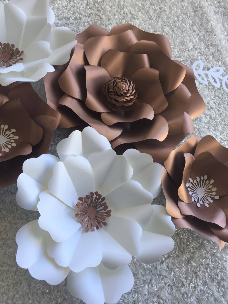 5 Piece ROSE GOLD and WHITE Paper Flower Set W/ Stem Leaves - Etsy