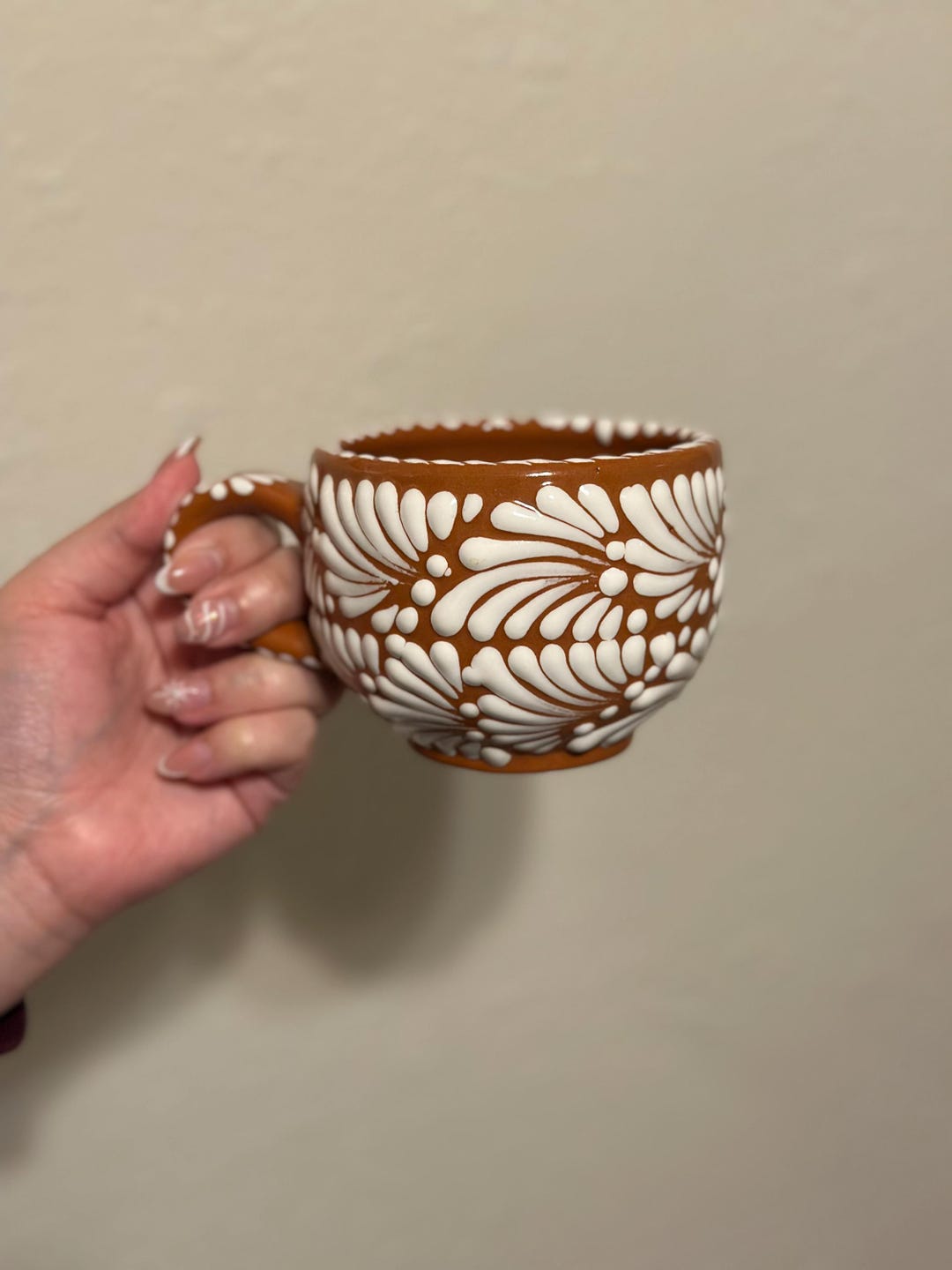Hand Painted Talavera Pottery Mug | Brown and White Ceramic Coffee Cup ...