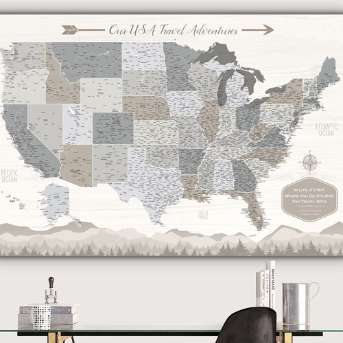 Grey USA Push Pin Map Custom Canvas Personalized Travel Map - Etsy