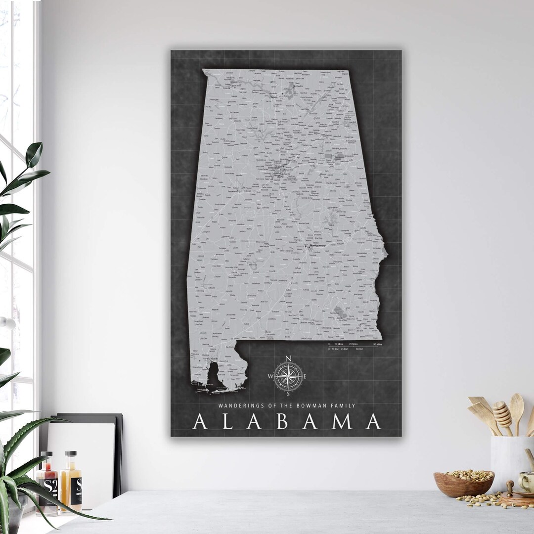 Grey Alabama Push Pin Map, Personalized Alabama State Map, Upscale ...