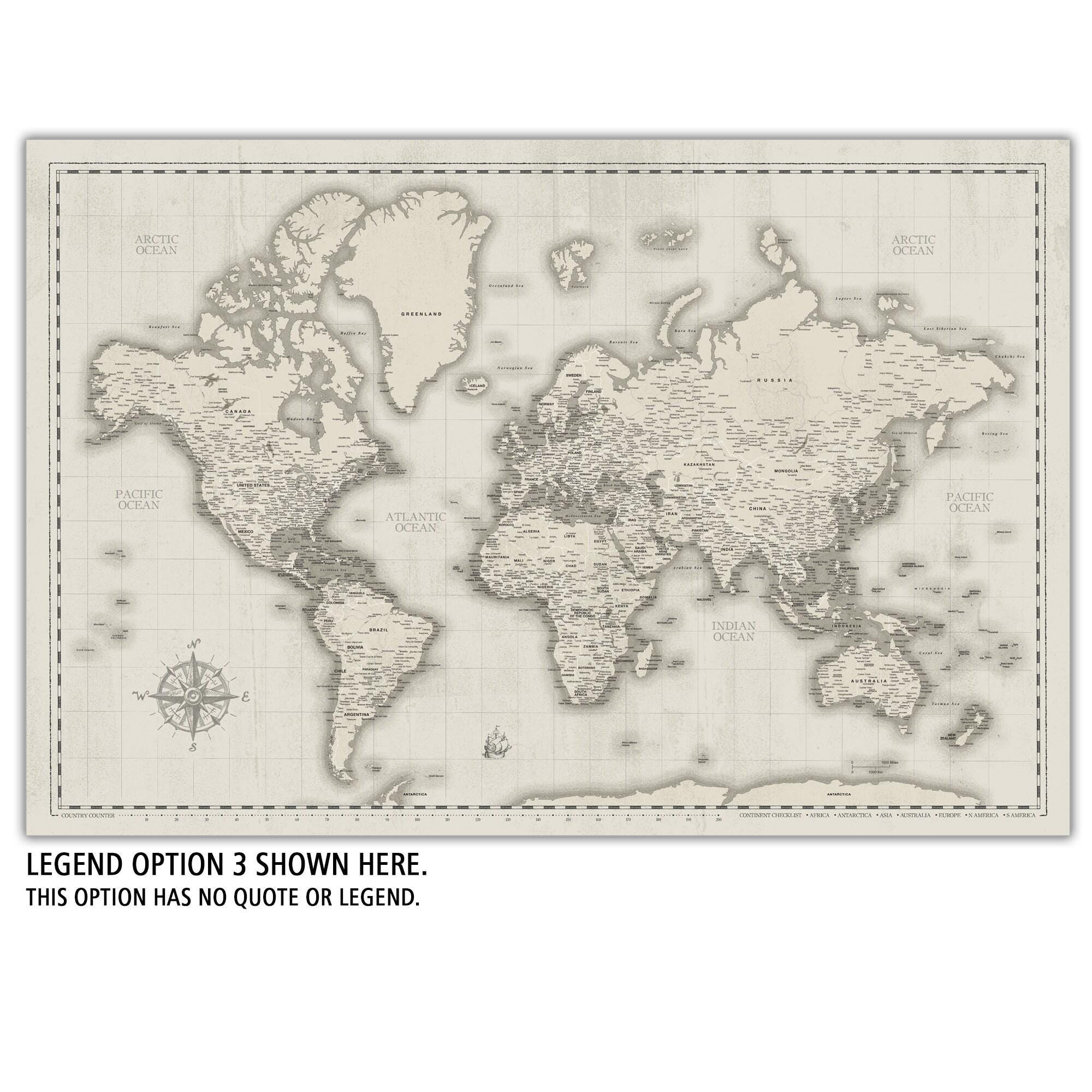 Cream World Push Pin Travel Map on Canvas, Large Wall Art, Old World ...